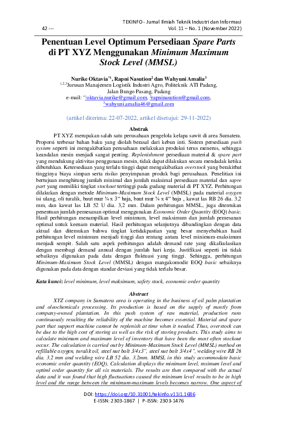 (PDF) Penentuan Level Optimum Persediaan Spare Parts di PT. XYZ ...
