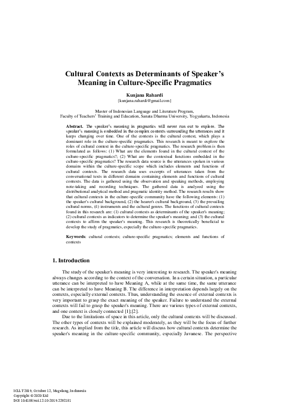 (PDF) Cultural Contexts as Determinants of Speaker’s Meaning in Culture ...