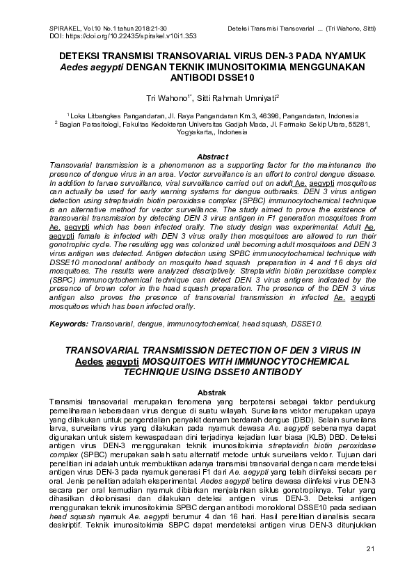 (PDF) DETEKSI TRANSMISI TRANSOVARIAL VIRUS DEN-3 PADA NYAMUK Aedes ...
