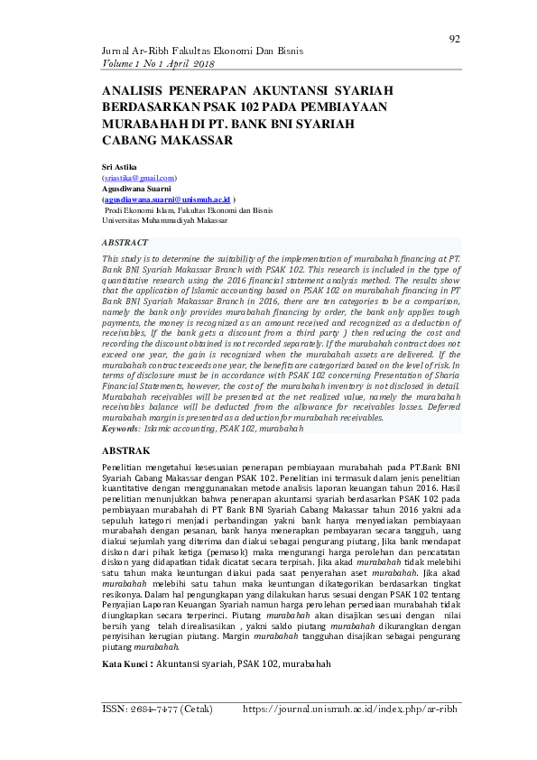 (PDF) Analisis Penerapan Akuntansi Syariah Berdasarkan Psak 102 Pada Pembiayaan Murabahah DI Pt ...