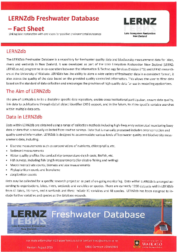 (PDF) LERNZdb Freshwater Database – fact sheet
