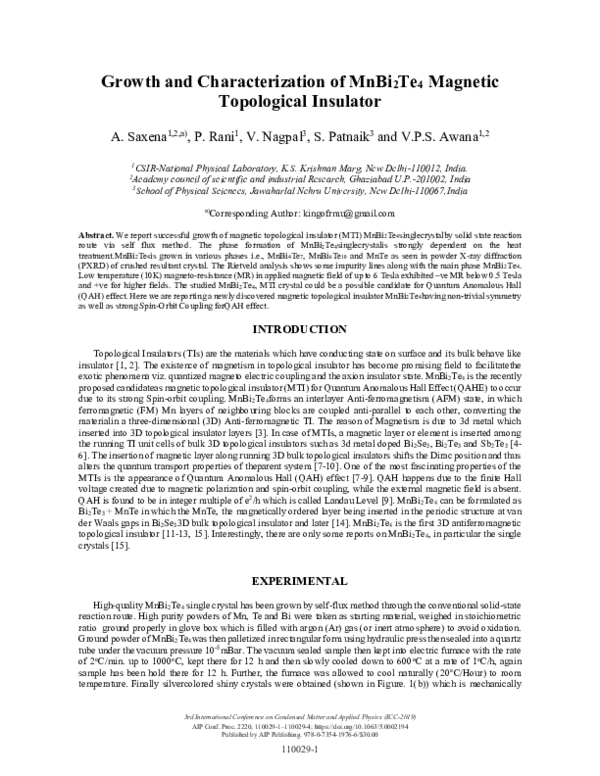 (PDF) Growth and characterization of MnBi2Te4 magnetic topological ...