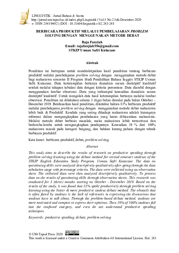 (PDF) Berbicara Produktif Melalui Pembelajaran Problem Solving Dengan Menggunakan Metode Debat