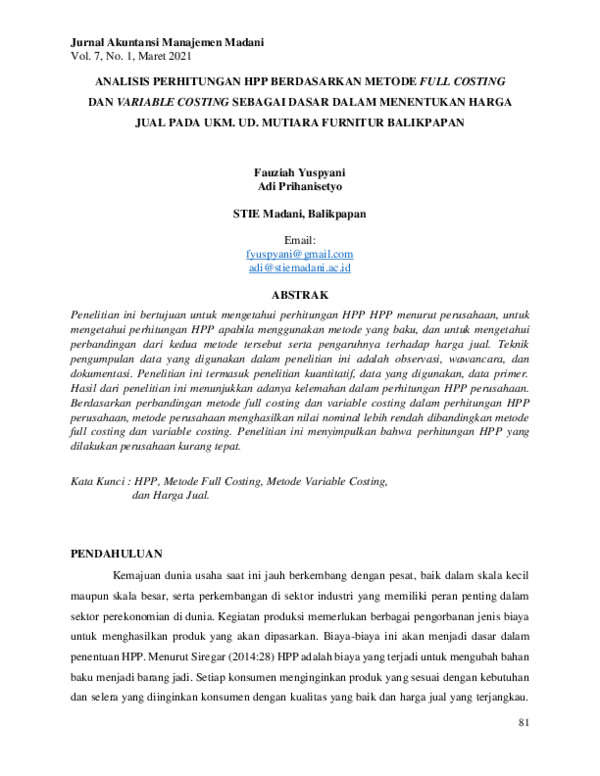 (PDF) Analisis Perhitungan HPP Berdasarkan Metode Full Costing Dan Variable Costing Sebagai ...
