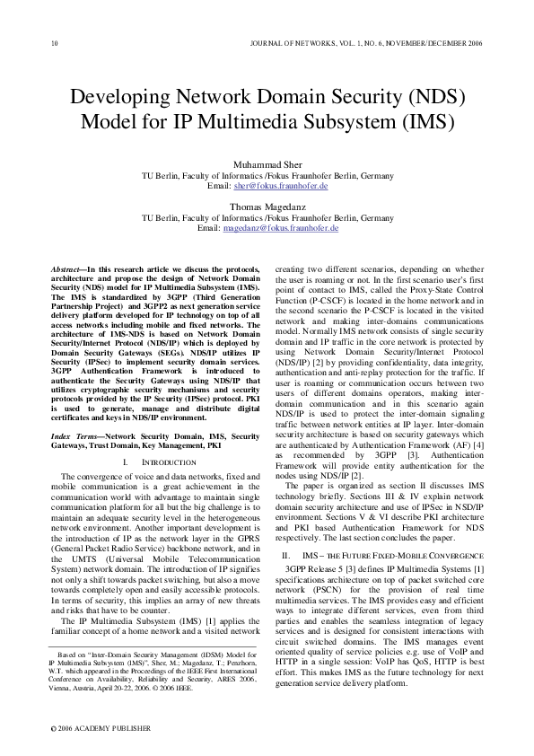 (PDF) Developing Network Domain Security (NDS) Model for IP Multimedia Subsystem (IMS) | Prof ...
