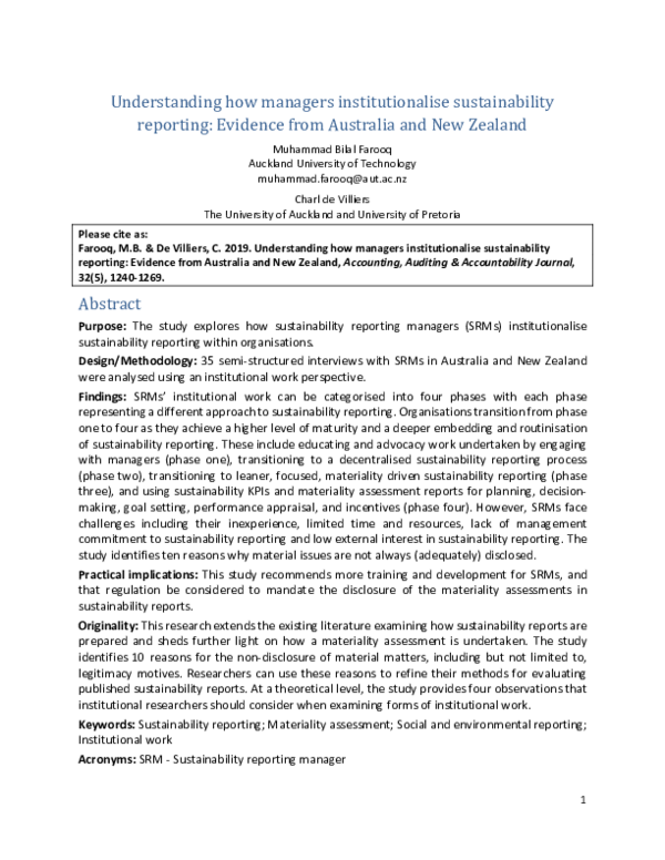 (PDF) Understanding how managers institutionalise sustainability reporting