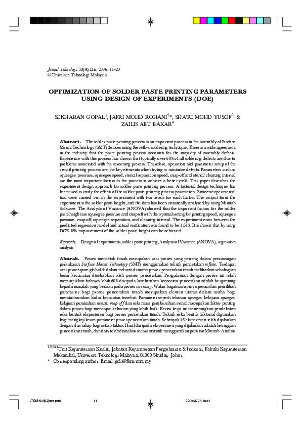(PDF) Optimization of Solder Paste Printing Parameters Using Design of Experiments (DOE) | Shari ...