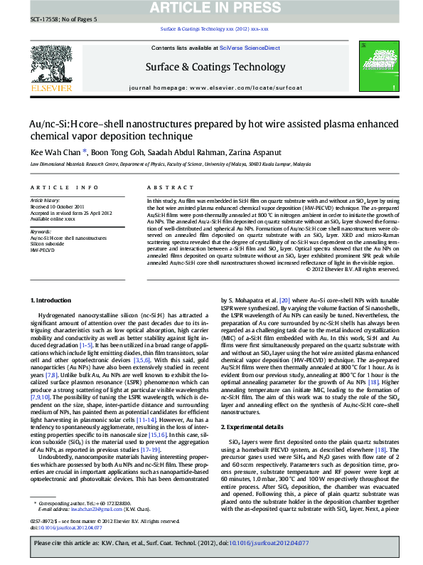 (PDF) Au/nc-Si:H core–shell nanostructures prepared by hot wire assisted plasma enhanced ...