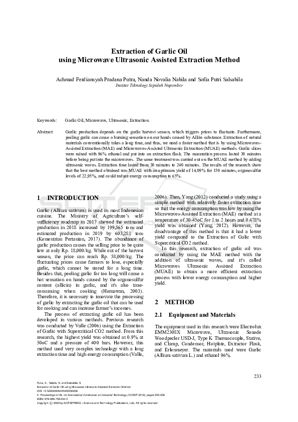 Pdf Extraction Of Garlic Oil Using Microwave Ultrasonic Assisted Extraction Method