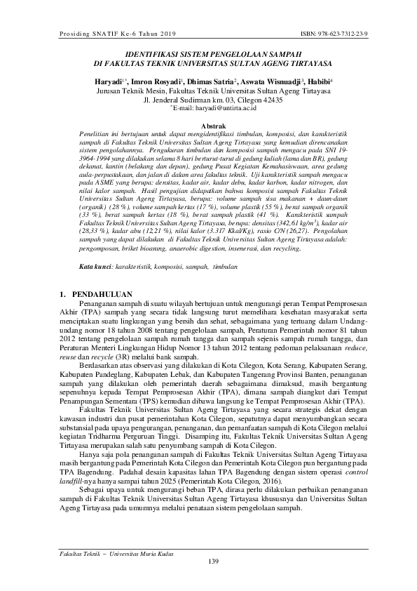 (PDF) Identifikasi Sistem Pengelolaan Sampah DI Fakultas Teknik Universitas Sultan Ageng Tirtayasa