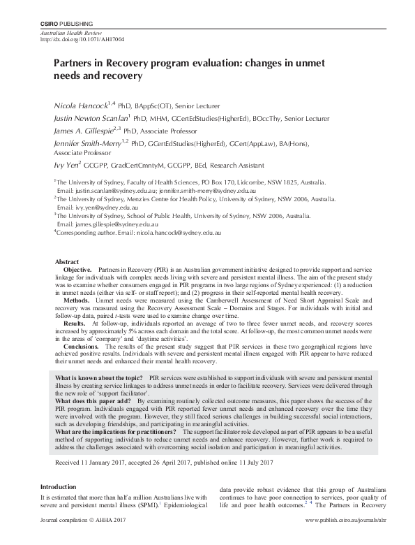 (PDF) Partners in Recovery program evaluation: changes in unmet needs ...