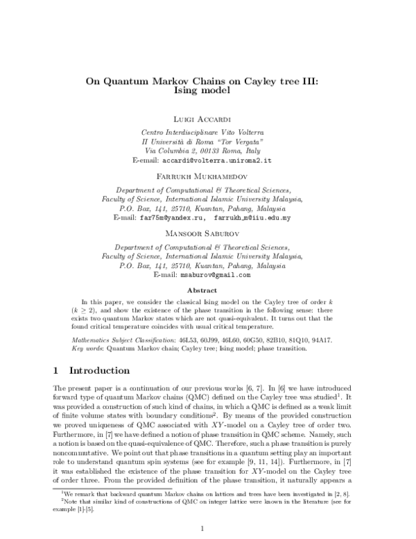 (PDF) On Quantum Markov Chains on Cayley Tree III: Ising Model