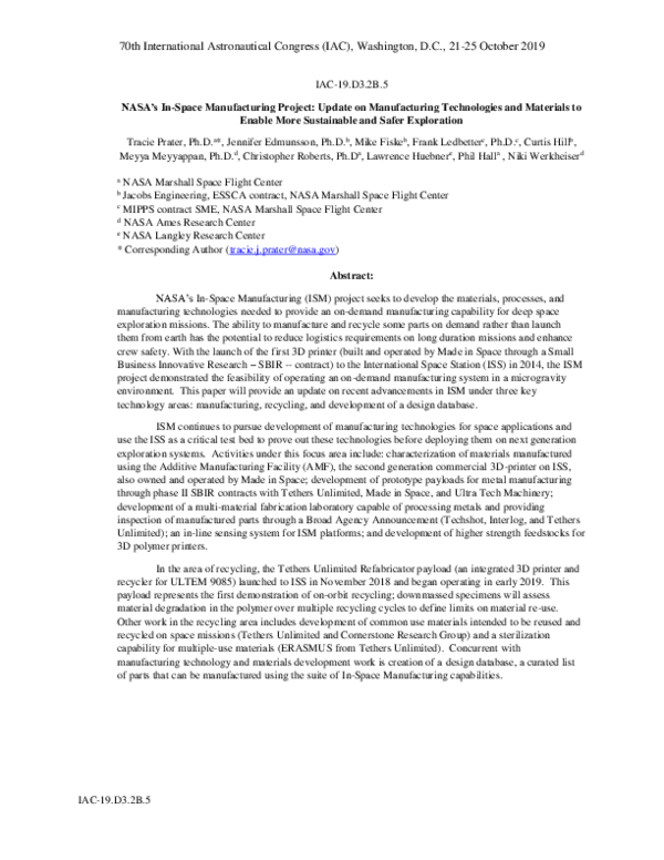 (PDF) NASA’s In-Space Manufacturing Project: Update on Manufacturing ...