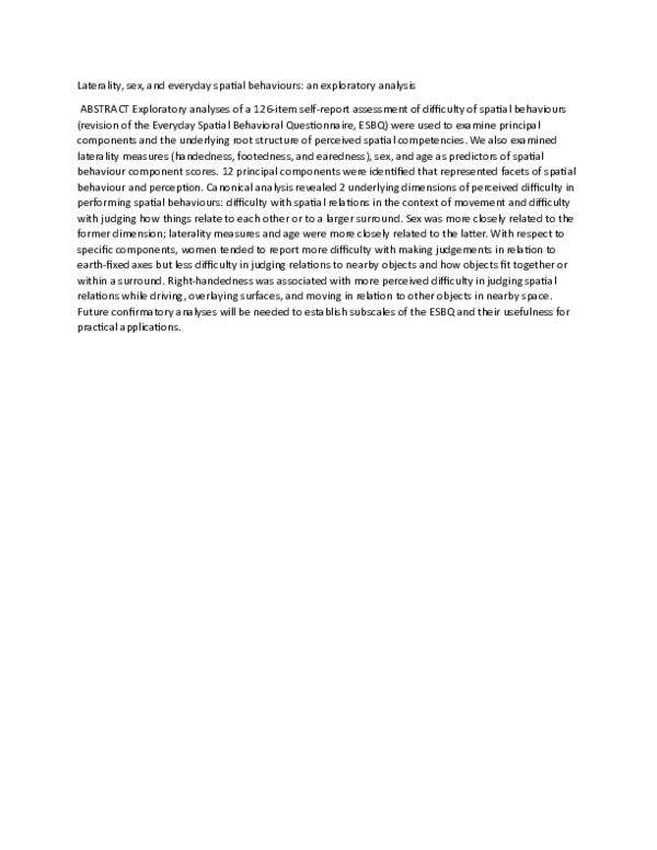 Doc Laterality Sex And Everyday Spatial Behaviours An Exploratory Analysis