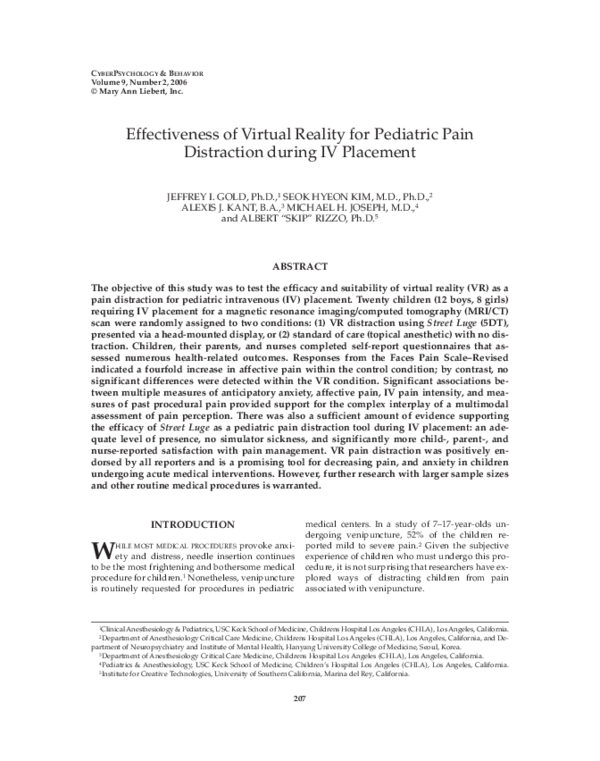 (PDF) Effectiveness of Virtual Reality for Pediatric Pain Distraction ...