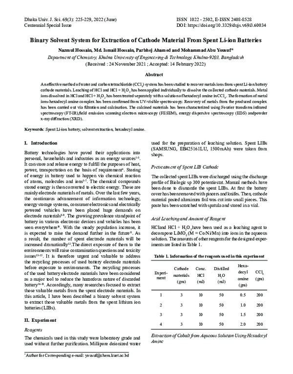 Pdf Binary Solvent System For Extraction Of Cathode Material From