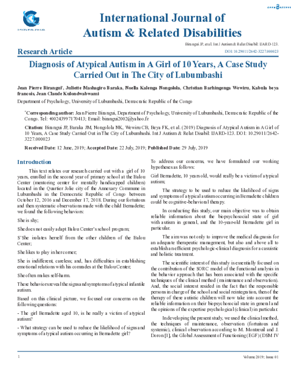 (PDF) Diagnosis of Atypical Autism in A Girl of 10 Years, A Case Study ...