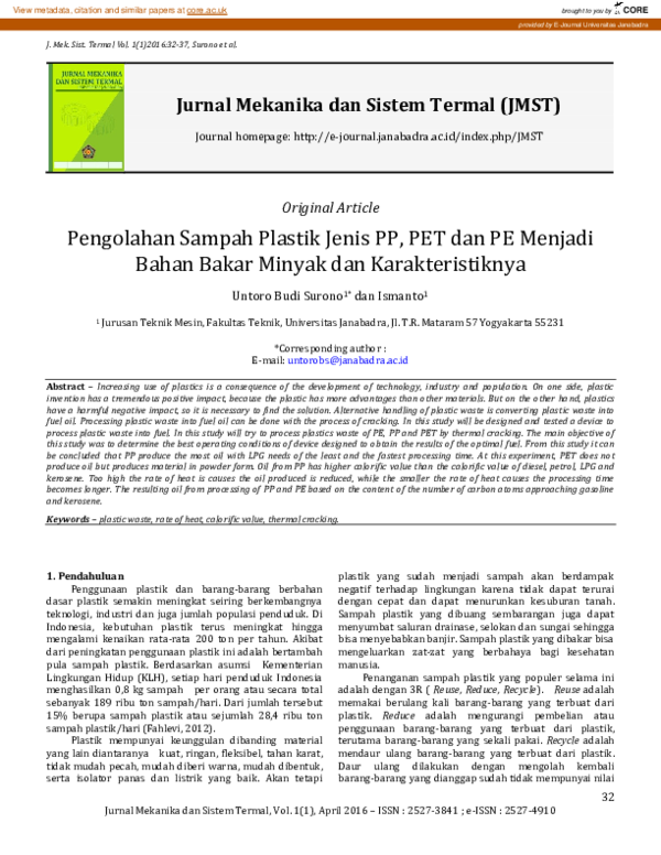 (PDF) Pengolahan Sampah Plastik Jenis PP, PET dan PE Menjadi Bahan ...