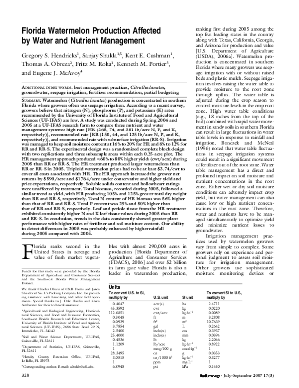 (PDF) Florida Watermelon Production Affected by Water and Nutrient ...