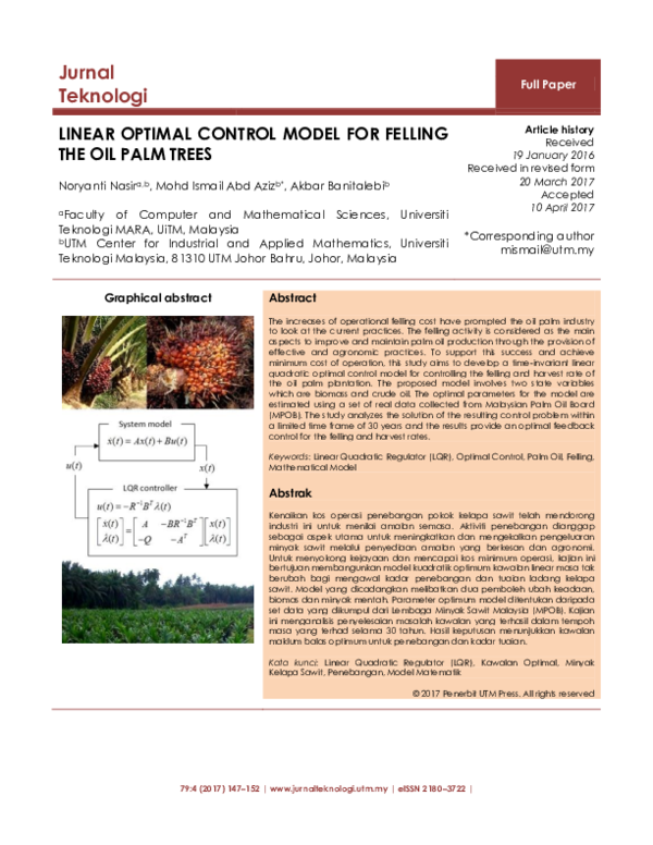 (PDF) Linear Optimal Control Model for Felling the Oil Palm Trees