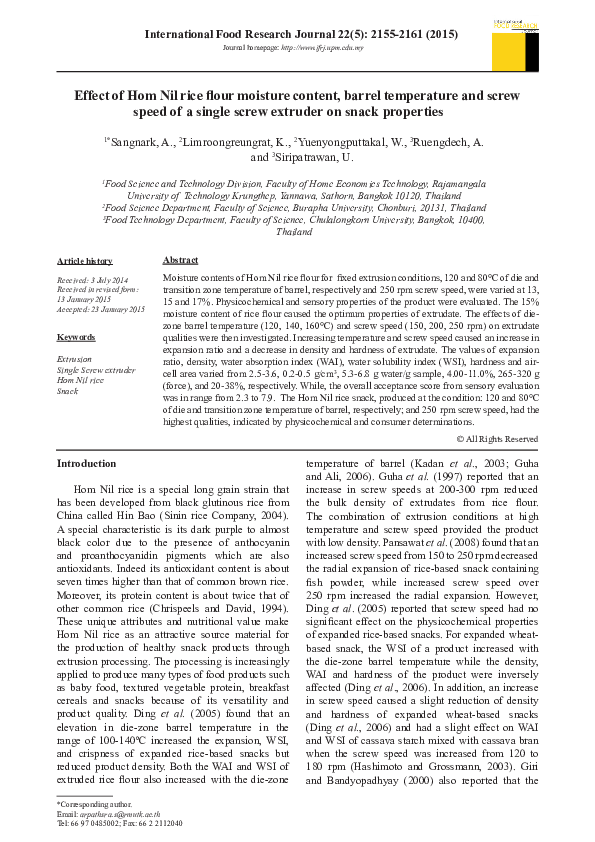 (PDF) Effect of Hom Nil rice flour moisture content, barrel temperature and screw speed of a ...