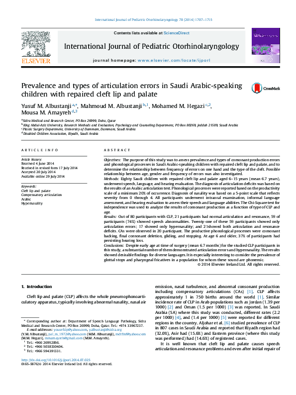 (PDF) Prevalence and types of articulation errors in Saudi Arabic ...