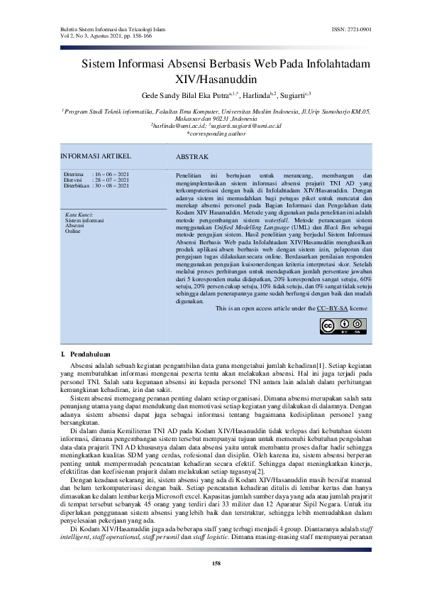 (PDF) Sistem Informasi Absensi Berbasis Web Pada Infolahtadam XIV/Hasanuddin