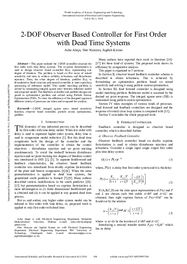 (PDF) 2-Dof Observer Based Controller For First Order With Dead Time ...