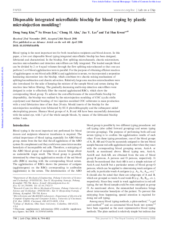 (PDF) Disposable integrated microfluidic biochip for blood typing by ...