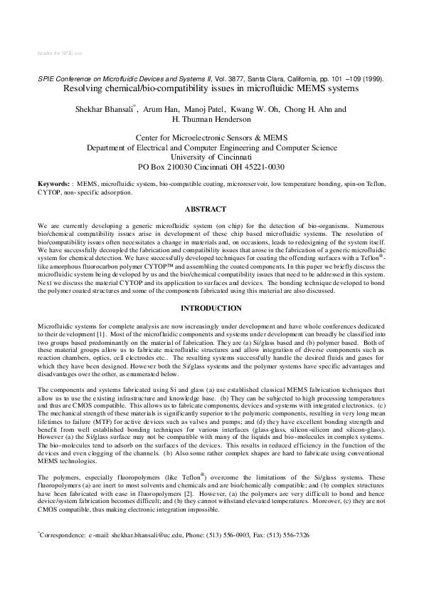 (PDF) Resolving chemical/bio-compatibility issues in microfluidic MEMS ... (PDF) Resolving chemical/bio-compatibility issues in microfluidic MEMS ...