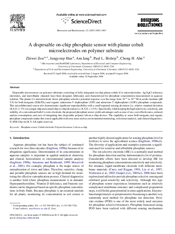 Pdf A Disposable On Chip Phosphate Sensor With Planar Cobalt Microelectrodes On Polymer