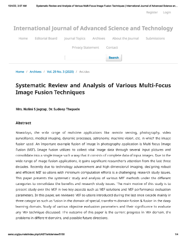 (PDF) The Systematic Review on Multi Focus Image Fusion Techniques