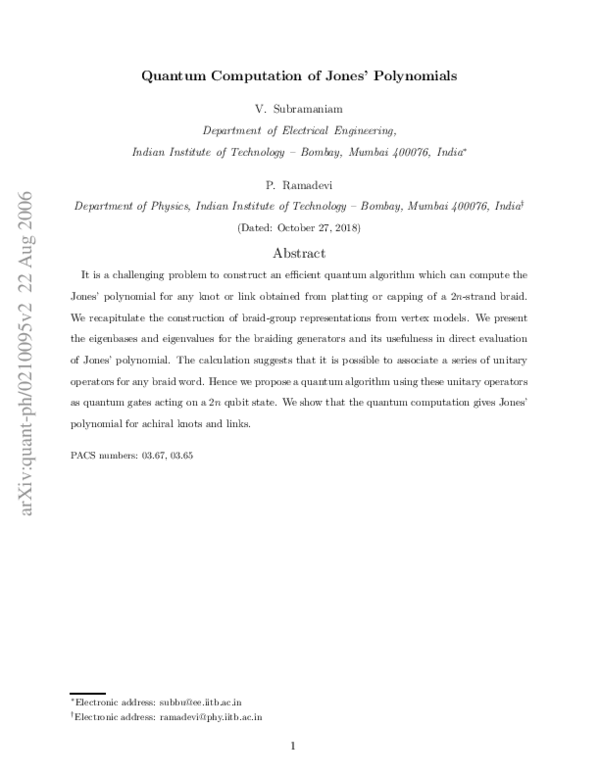 (PDF) Quantum computation of Jones' polynomials