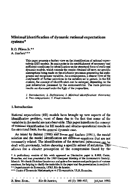 Pdf Minimal Identification Of Dynamic Rational Expectations Systems
