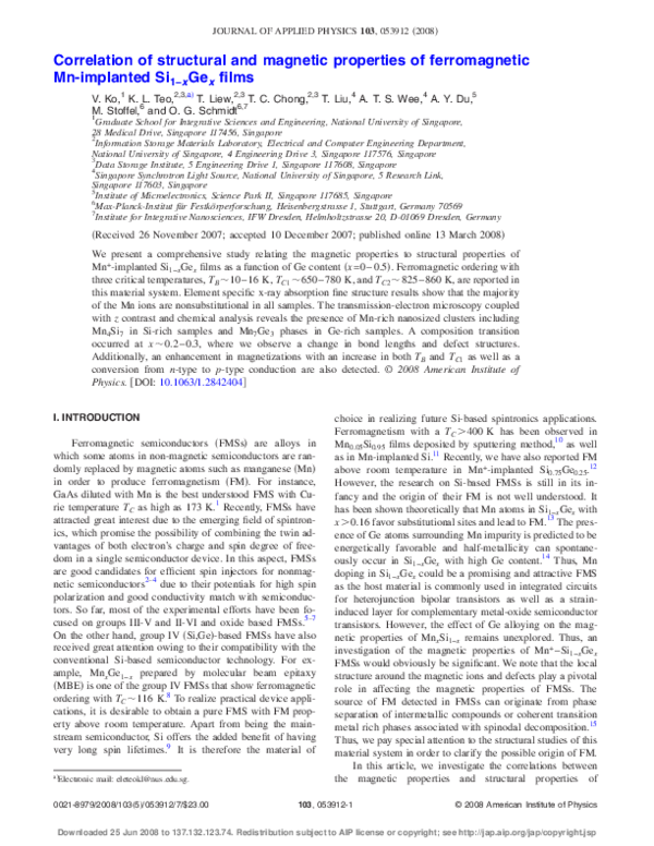 (PDF) Correlation of structural and magnetic properties of ferromagnetic Mn-implanted Si1−xGex films