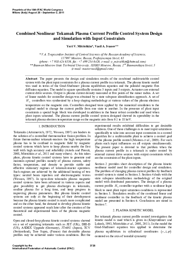 (PDF) Combined Nonlinear Tokamak Plasma Current Profile Control System Design and Simulation ...