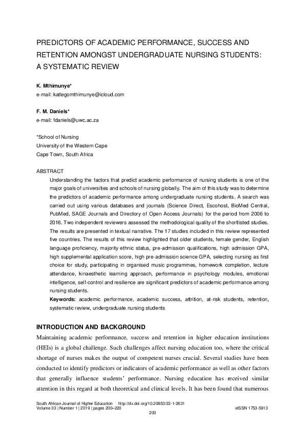 (PDF) Predictors of academic performance, success and retention amongst ...