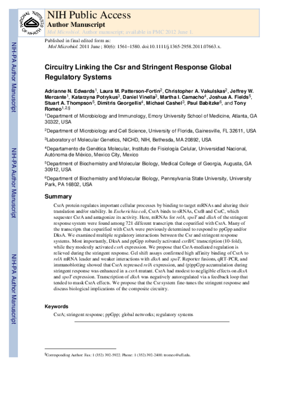 (PDF) Circuitry linking the Csr and stringent response global ...