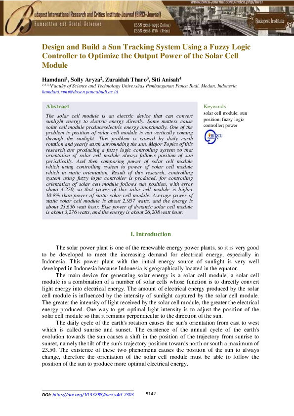 Pdf Design And Build A Sun Tracking System Using A Fuzzy Logic Controller To Optimize The 