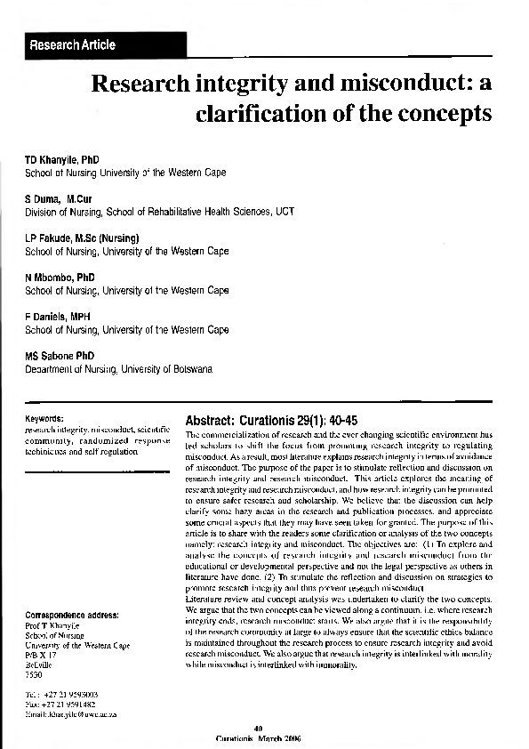(PDF) Research integrity and misconduct: a clarification of the concepts