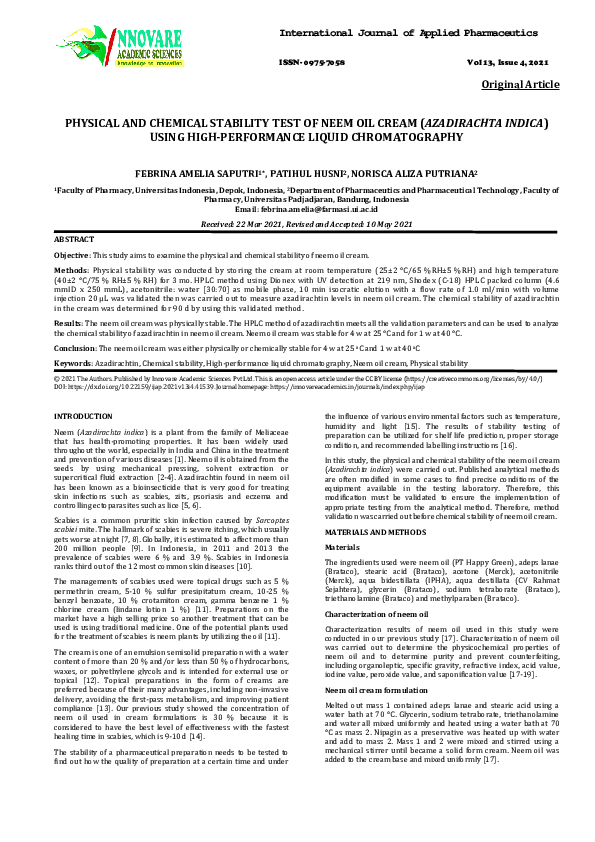 (PDF) PHYSICAL AND CHEMICAL STABILITY TEST OF NEEM OIL CREAM ...