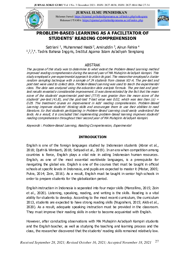 (PDF) Problem-Based Learning as a Facilitator of Students’ Reading Comprehension