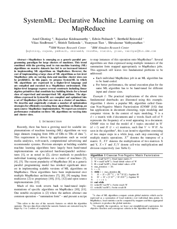 Pdf Systemml Declarative Machine Learning On
