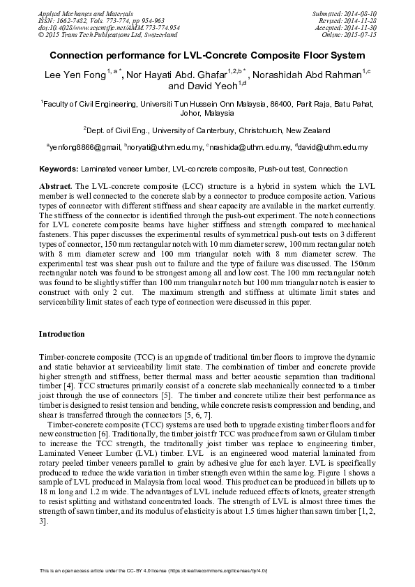 (PDF) Connection Performance for LVL-Concrete Composite Floor System