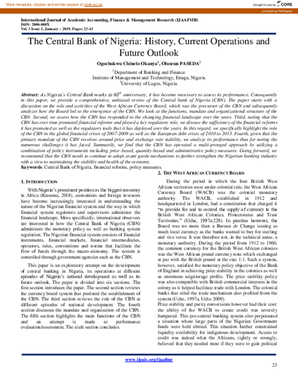 (PDF) The Central Bank of Nigeria: History, Current Operations and ...