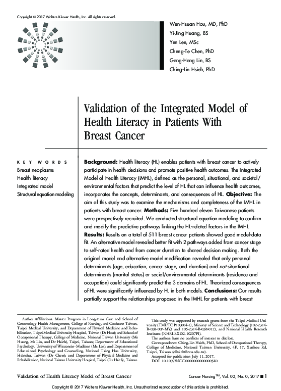 (PDF) Validation of the Integrated Model of Health Literacy in Patients ...