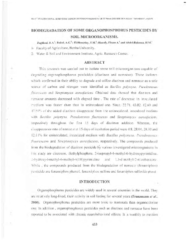 (PDF) Biodegradation of some organophosphorus pesticides by soil microorganisms