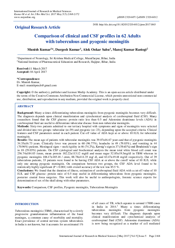 (PDF) Comparison of clinical and CSF profiles in 62 Adults with ...