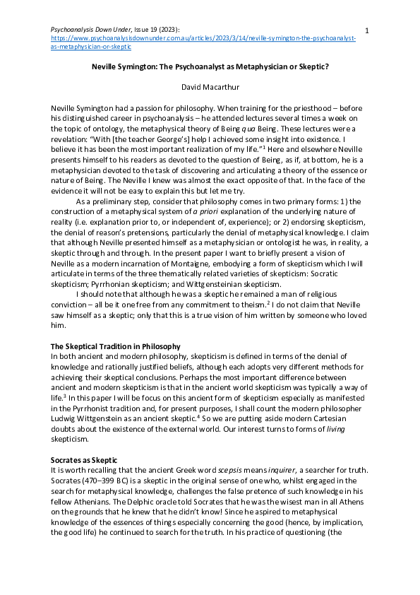 (PDF) Neville Symington: The Psychoanalyst as Metaphysician or Skeptic?