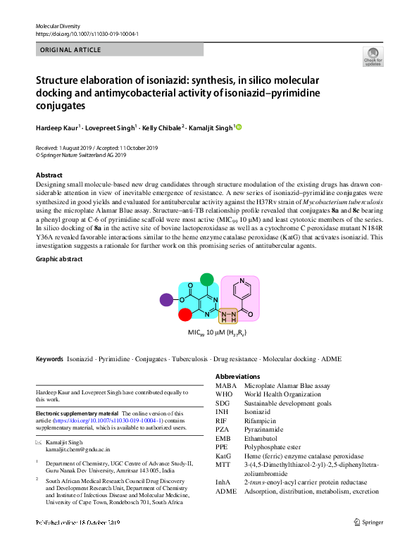 (PDF) Structure elaboration of isoniazid: synthesis, in silico molecular docking and ...